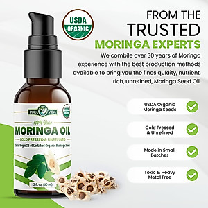 USDA Organic Moringa Seed Oil: 100% Pure, Cold Pressed, Unrefined Moringa Oleifera Seed Oil. 2 oz Bottle with Treatment Pump. For Skin and Hair - Food Grade for Oral Consumption