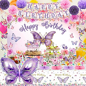 Roetyce Butterfly Birthday Decorations, 37PCS Butterfly Happy Birthday Banner Balloons Honeycomb Centerpieces Cake Topper Kit, Purple and Pink Birthday Party Decorations for Girls Women