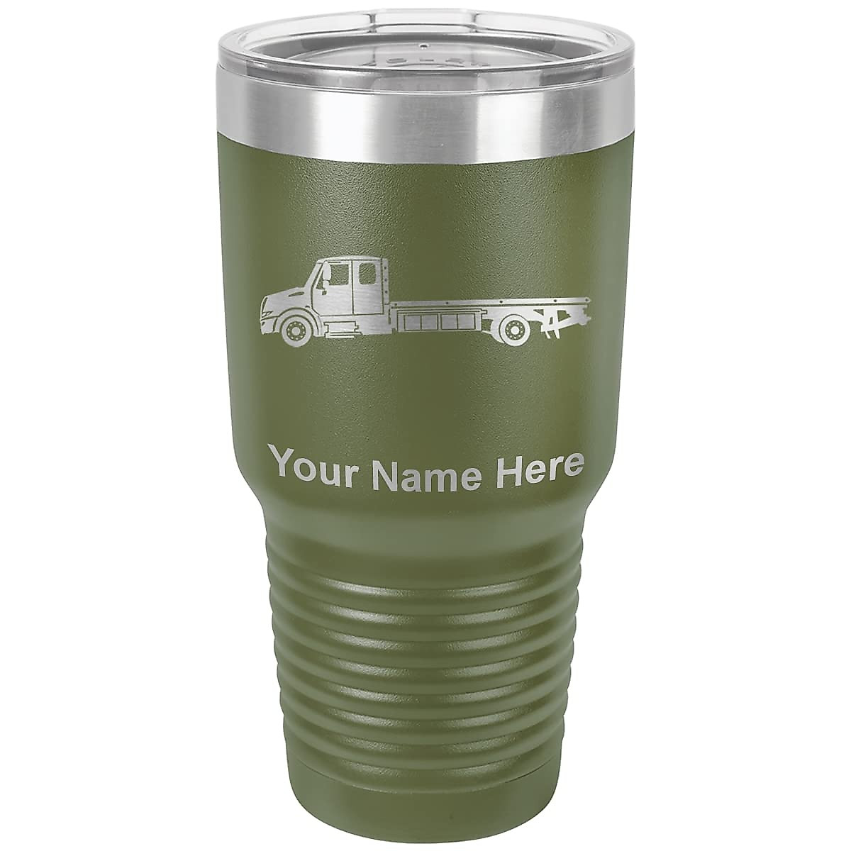 LaserGram 30oz Vacuum Insulated Tumbler Mug, Flat Bed Tow Truck, Personalized Engraving Included (Camo Green)