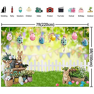 7X5ft Spring Garden Background Easter Photography Backdrop Easter Rabbit Colorful Egg Fence Flag Background Spring Easter Floral Bokeh Photo Studio Booth