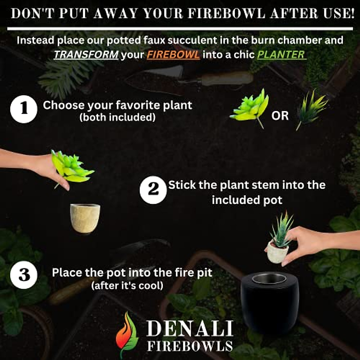 Denali Firebowls Tabletop Pit with Faux Succulents - Indoor/Outdoor Table Top Patio with S'Mores Sticks and Extinguisher (Midnight Black Firepit), 4x5 in