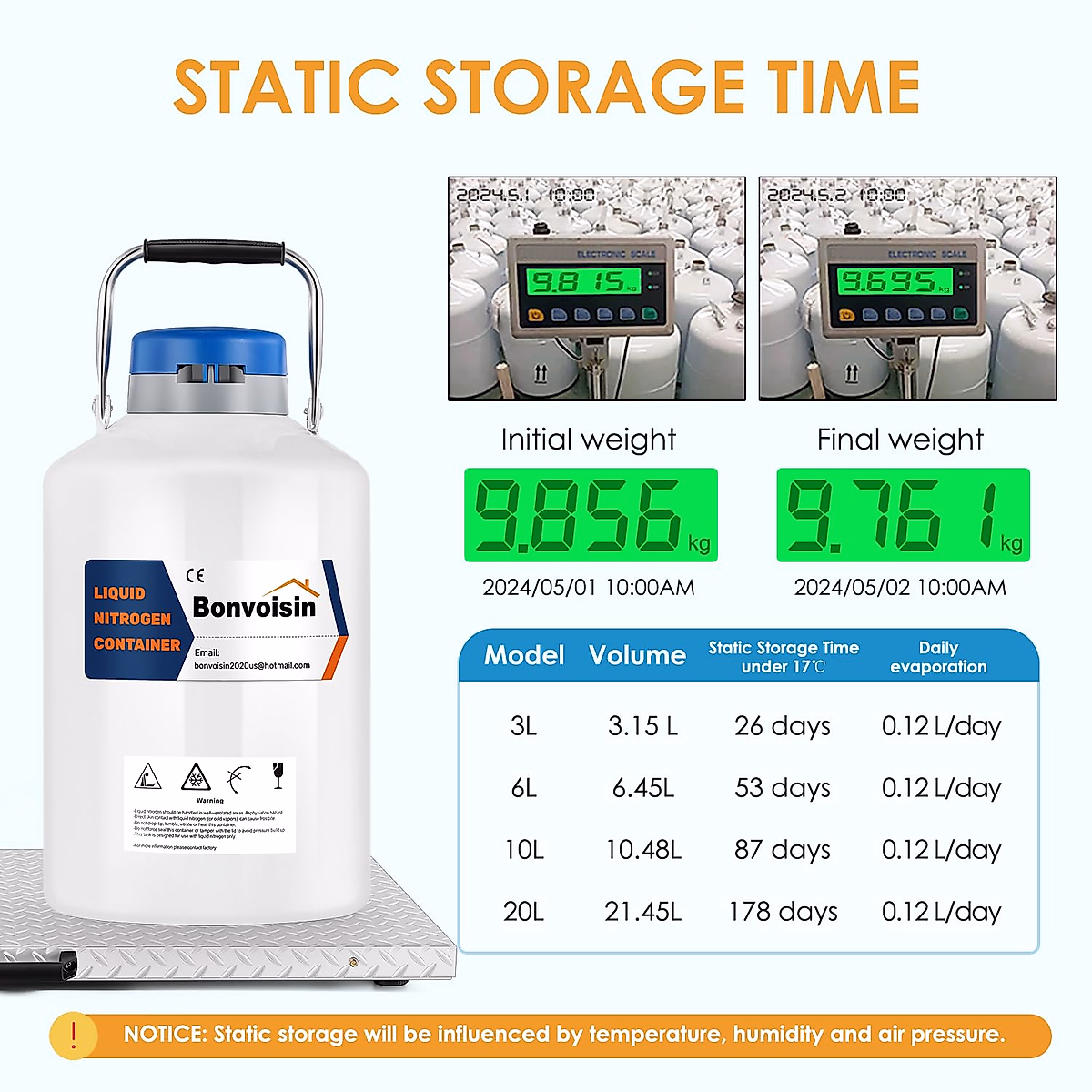 Bonvoisin 6L Liquid Nitrogen Container Cryogenic Container Liquid Nitrogen (LN2) Dewar Aluminum Alloy Semen Tank with 6 Canisters Carry Bag (6L)