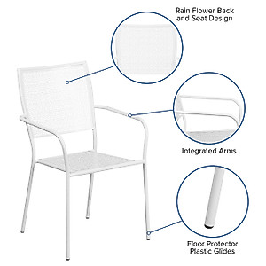 EMMA + OLIVER Commercial Grade White Indoor-Outdoor Steel Patio Arm Chair with Square Back