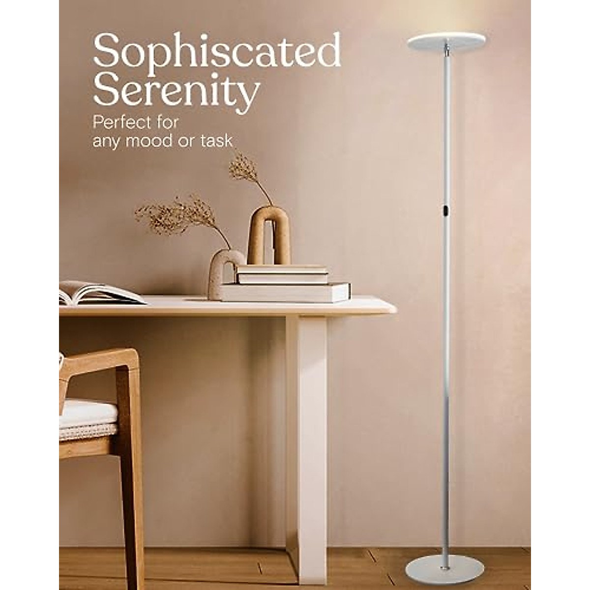 Brightech Sky LED Torchiere Super Bright Floor Lamp - Contemporary, High Lumen Light for Living Rooms and Offices - Dimmable, Indoor Pole Uplight for Bedroom Reading - White