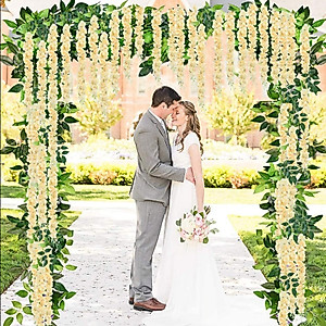 Luerbi 12 Pack Champagne Wisteria Hanging Flowers Garland, 3.77 Feet Artificial Flower Vines, Fake Wisteria, Artificial Vines Hanging Garland for Backdrop Outdoor Yard Garden Decor