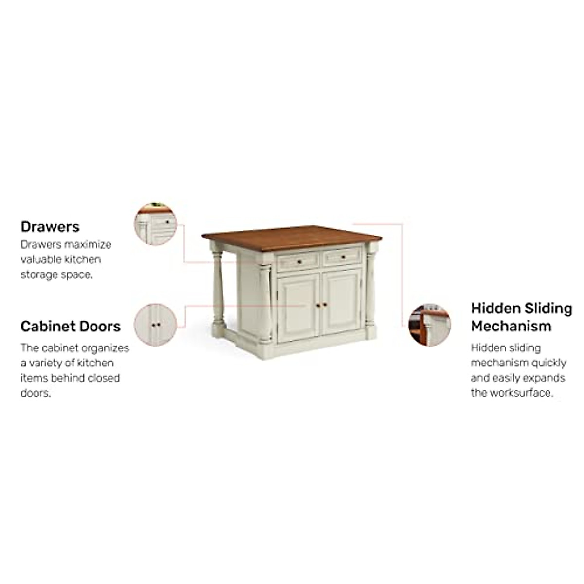Homestyles Monarch Kitchen Island Set, 50 Inch Width, Antique White