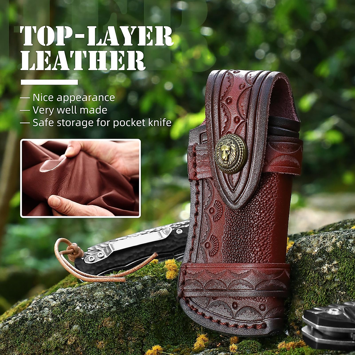 Omesio Pocket Knife Sheath (M), 4.53" Folding Knife Sheath for Folding Knife, Leather Knife Sheath Case, Horizontal Knife Holder Sheath for Belt