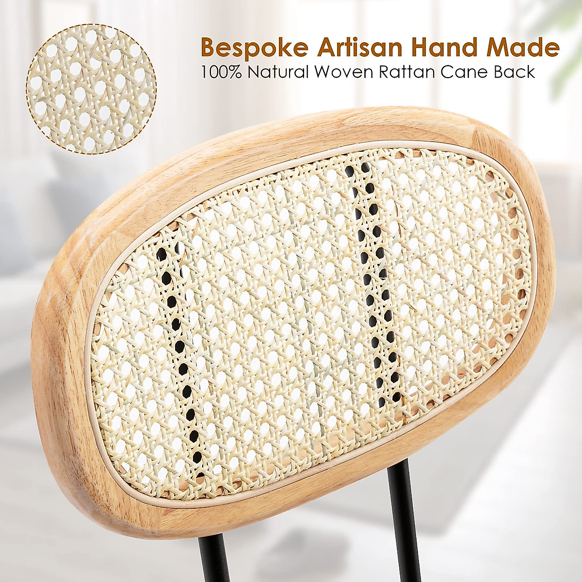 Amadi Counter Stools Rattan Back Dining Chair, Indoor Faux Leather Bar Stools Set of 2, Armless Dining Chairs with Rattan Backrest, Modern Metal Counter Height Barstools for Home Whiskey Brown,24"