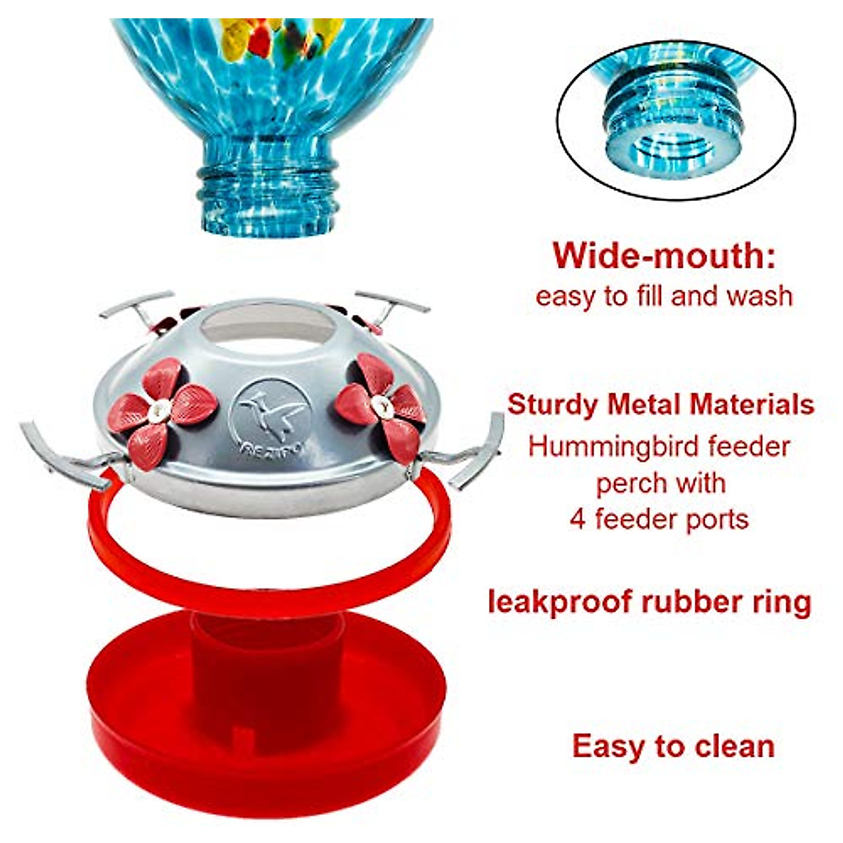 REZIPO Hummingbird Feeder with Perch - Hand Blown Glass - Blue - 38 Fluid Ounces Hummingbird Nectar Capacity Include Hanging Wires and Moat Hook