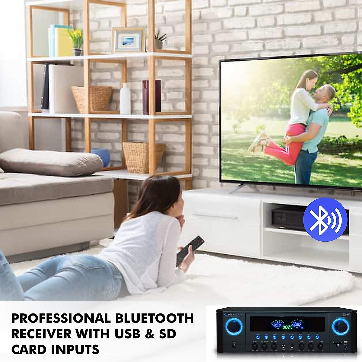 Technical Pro Professional 1000 Watts Receiver with USB SD Card Inputs, 2 Mic Inputs, Recorder, and Wireless Remote