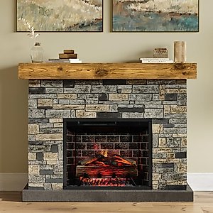 Country Living Dixson 55 Inch Wood Mantel with Faux Stone Brick Surround & 28" Smart Electric Fireplace | 55" W x 16" D x 43" H