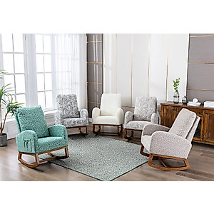 Antetek Modern Accent Rocking Chair, Upholstered Nursery Glider Rocker for Baby and Kids, Comfy Armchair with Side Pocket, Living Room Lounge Arm Chair with High Backrest (White)