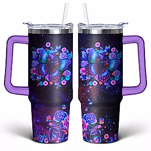 Sps ssion 30 oz Butterfly Tumbler with Handle and Lid 30oz Butterfly Themed Gifts for Butterfly Lovers Double Stainless Steel Insulated Cup Travel Coffee Mug