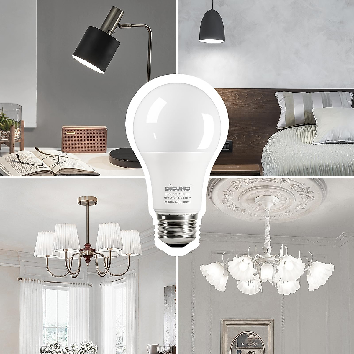 DiCUNO A19 LED Light Bulbs 60W Equivalent, Daylight White 5000K, High CRI 90, E26 Medium Base 9W 800 Lumens 120V, Non-dimmable, Frosted, 6 Pack