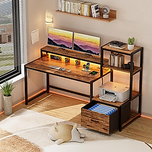 GreenForest Office Desk with Power Outlets and Printer Shelf, 68.8 inch Computer Desk with LED and Drawer, Reversible Gaming Desk with Storage for Home Study Working,Walnut