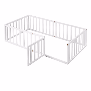 P PURLOVE Twin Size Floor Bed Frame for Kids, Wood Montessori Floor Beds with Fence Rail for Boys Girls,(White,Twin Bed