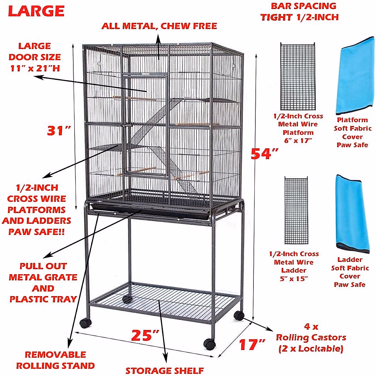 54" Large Wrought Iron 4-Level Chew-Proof Tight 1/2-inch Wire Spacing Ferret Squirrel Chinchilla Sugar Glider Rats Mices Rabbit Squirrel Hamster Cage Easy Clean Pull Out Tray Removable Rolling Stand