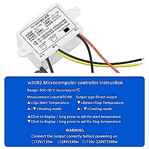 XINGYHENG XH-W3002 DC 110V-220V 1500W 10A Microcomputer Digital Temperature Controller Digital Display Thermostat Control Switch and NTC 10K Thermistor Sensors Temperature Probe (110-220V 1500W)