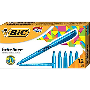 BIC Brite Liner Highlighter, Chisel Tip, Fluorescent Blue Ink, 12 per Pack (BL11-BE)