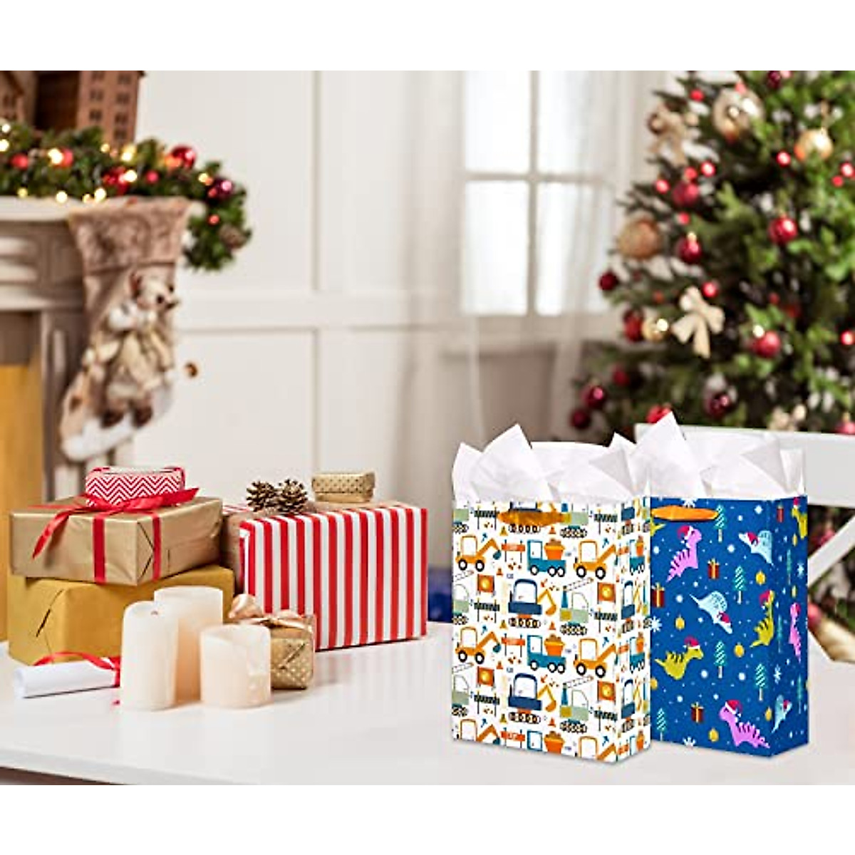 XJF Large Gift Bag with Tissue Paper and Card for Boys,13inch Vehicle Party Gift Bag for Kids,Adults,Birthdays,Kids Parties, Christmas, Holidays, 13inch x 10.5inch x 5.8inch