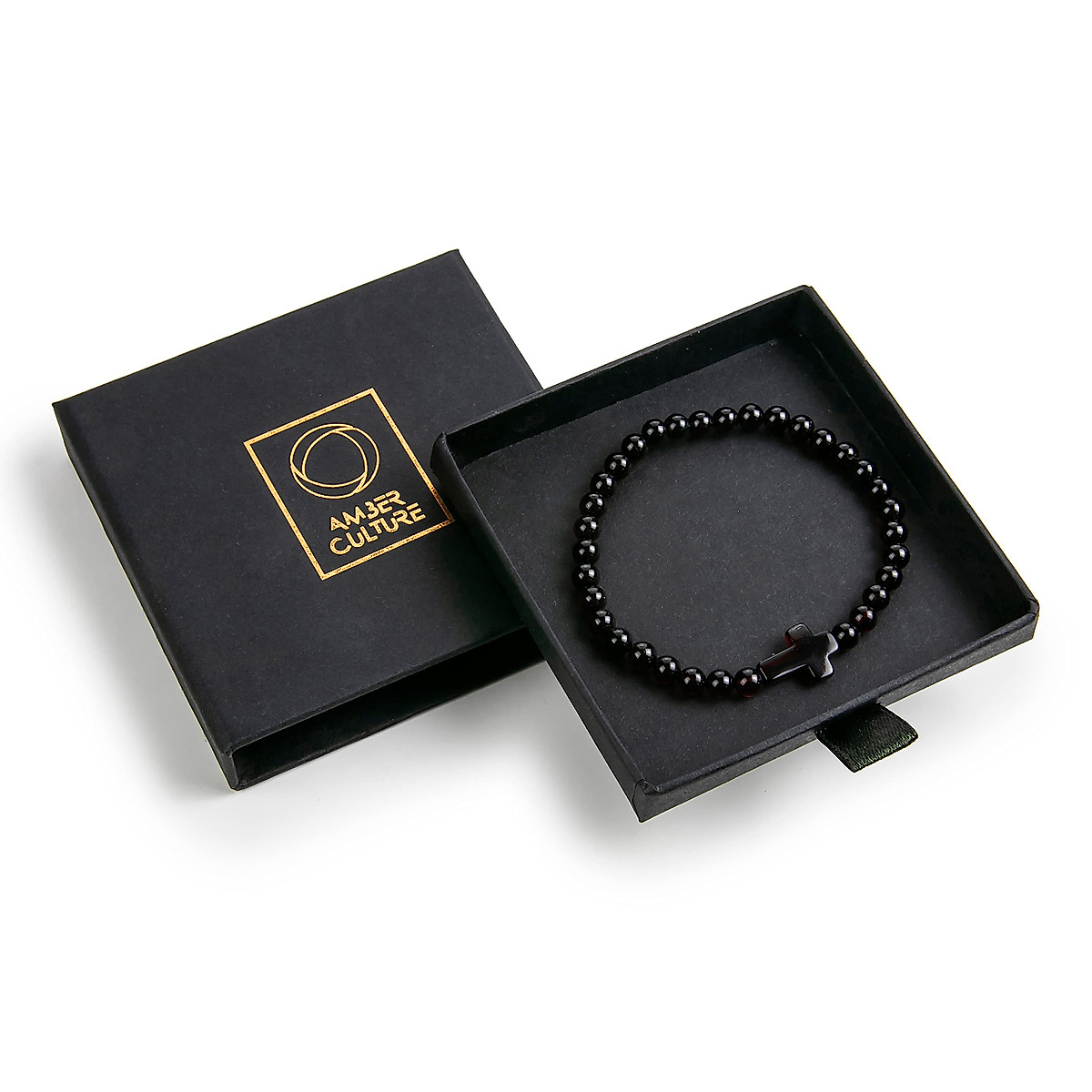 Amber Culture Amber Cross Bracelet - Handmade 5mm Beads 100% Baltic Natural Baltic Amber Stone - Stretch Unisex with Gift Box Dark Cherry Color