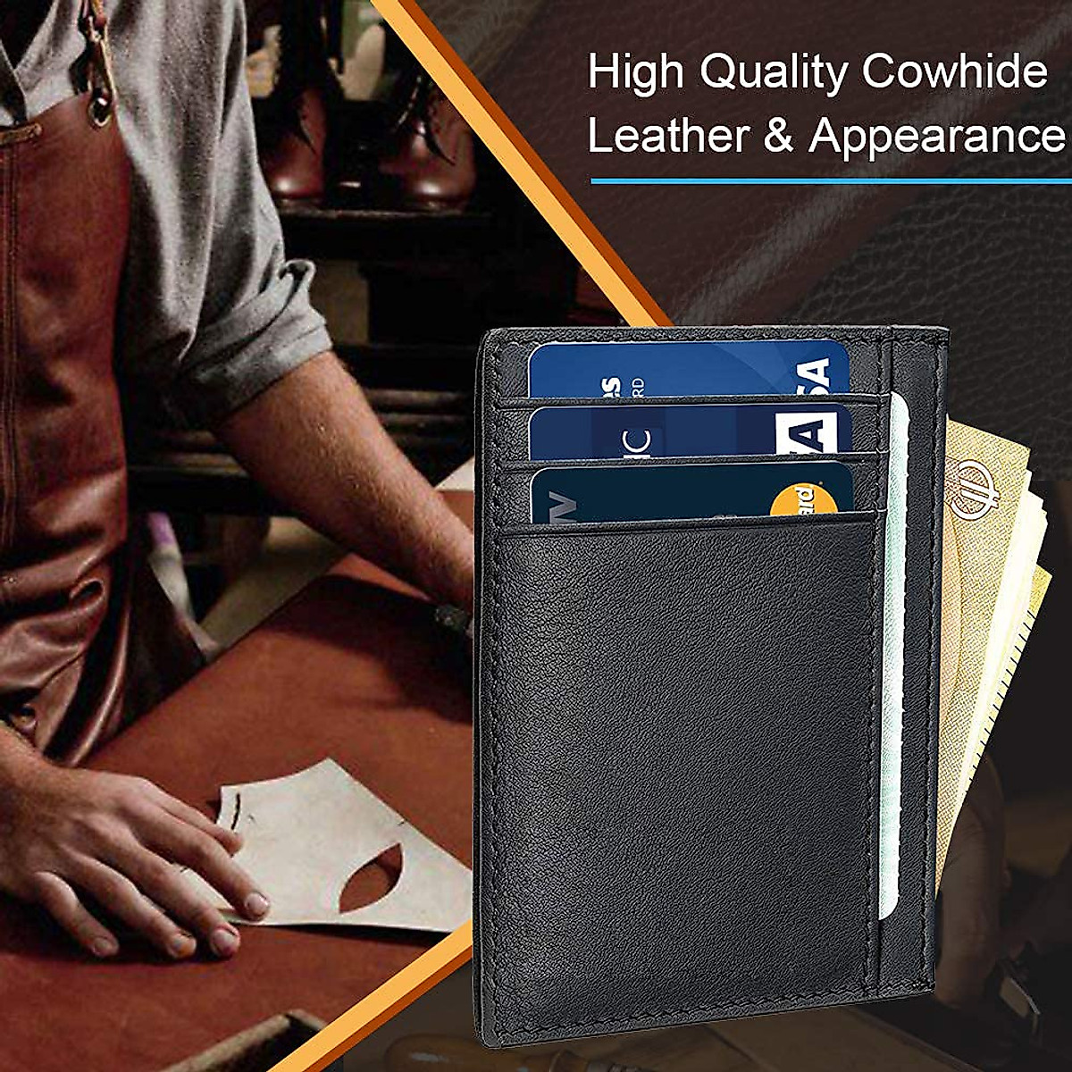 Aucuu Minimalist Wallet, RFID Blocking Anti Theft Leather Credit Card Pocket Purse with Card Slots, Gift for Men & Women - Black, L2us-2125021, #2 Black, 11.2 x 8.3 x 1 cm