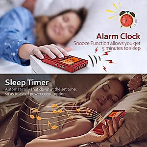 AM FM Portable Radio Personal Radio with Excellent Reception Battery Operated by 2 AAA Batteries with Stero Earphone, Large LCD Screen, Digtail Alarm Clock Radio(Red)