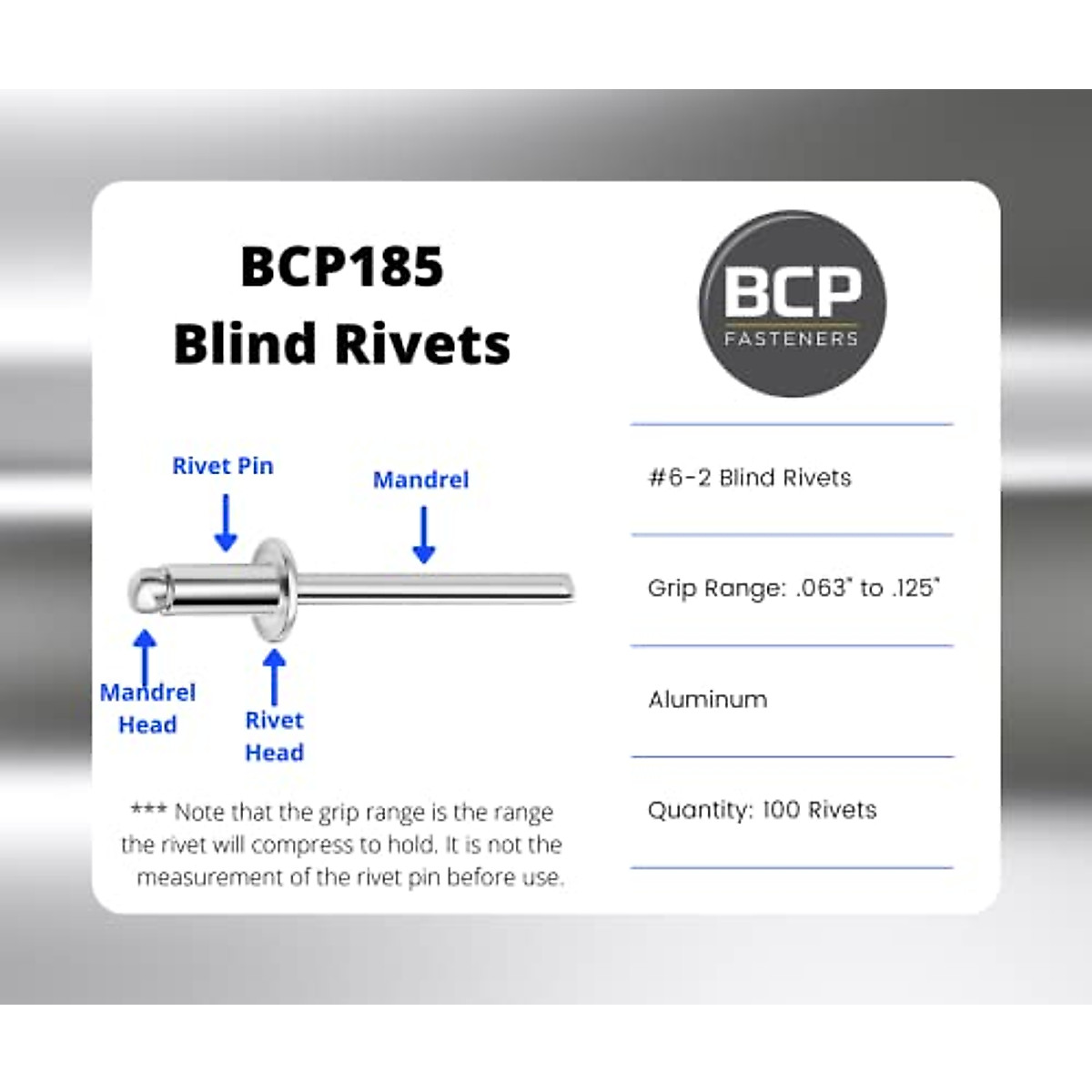 100 Qty Aluminum Blind Rivets (#6-2) 3/16" Diameter x 1/8" Grip (BCP185)