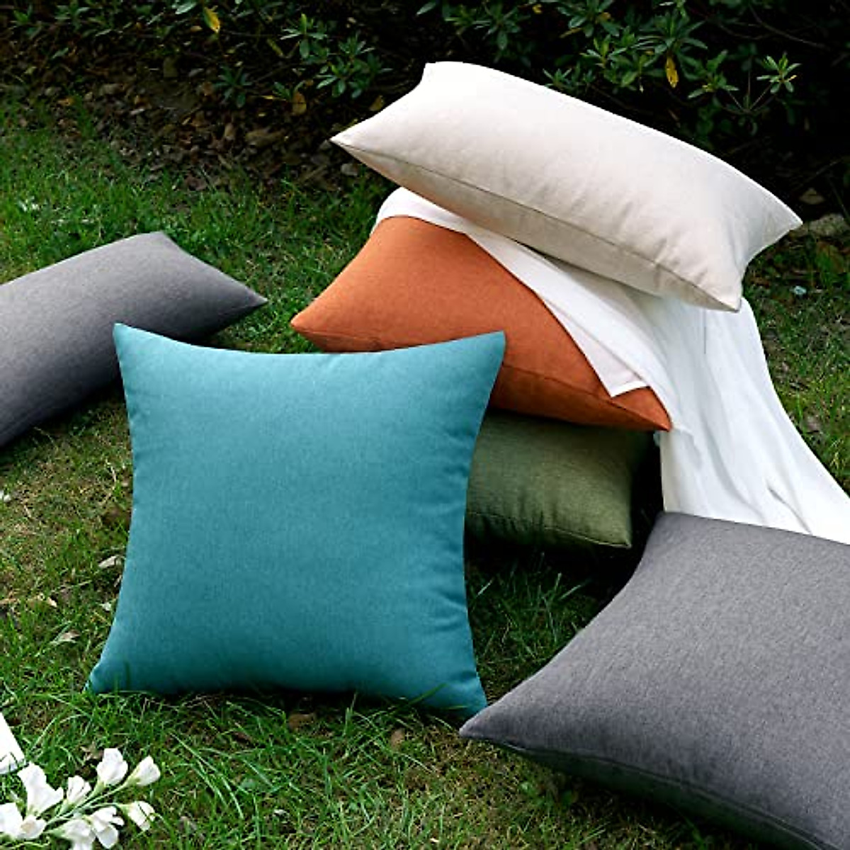 EMEMA Outdoor Waterproof Peacock Blue Pillow Covers 18x18 Inch Rustic Decorative Throw Pillow Covers Cushion Case Square for Patio Sofa Couch Home Bed Farmhouse Car Decor Set of 2