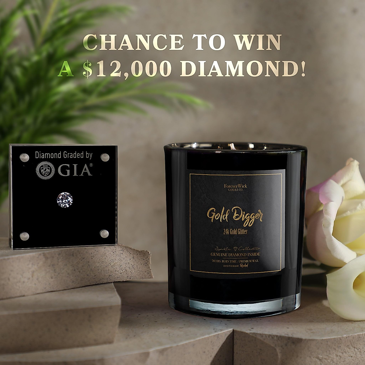 Gold Digger Sparkle Candle with Diamond Inside | Foreverwick Candles | Scented Soy Candles Gifts for Women Sexy Candle Gift | Anniversary Candles All-Natural Organic Soy Candle 14oz | 70h