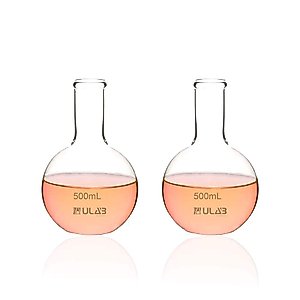 ULAB Boiling Flask of Flat Bottom Set, 2pcs of Vol.500ml, Borosilicate 3.3 Glass Material, UBF1010