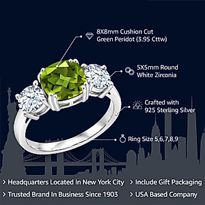 Gem Stone King 925 Sterling Silver Green Peridot and White Zirconia 3 Stone Engagement Ring For Women (3.95 Cttw, Gemstone August Birthstone, Cushion 8MM, Size 9)