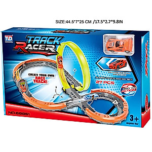 Race Car Track Set, Assembled Car Track Toys with 27 Pcs Building Kits, 2 High Speed Race Cars, 360° Loop X-type Crossing Track for Kids 3+ Ages Birthday (A Race Car Set)