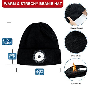 Riuog LED Beanie Hat with Light,USB Rechargeable Headlight Cap,Unisex Knit Lighted hat, for Outdoor Activities (Black 2 Pack)