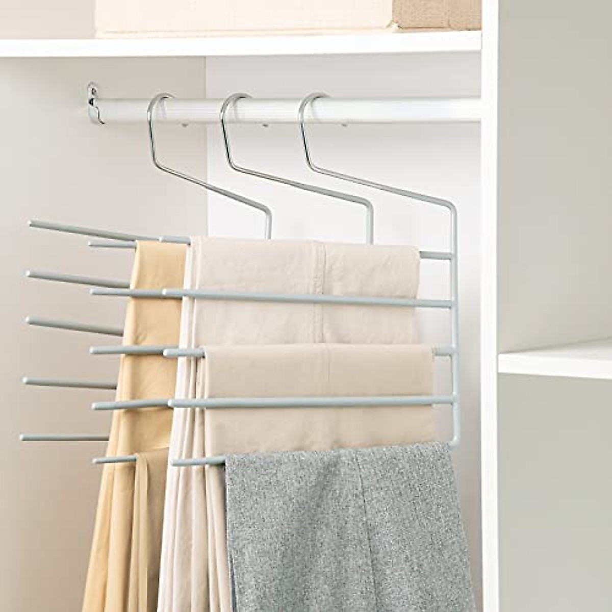 Nature Smile 4 Pack Heavy Duty Multi Layers Metal Pant Slack Hangers,Non-Slip 5-Tier Open-Ended Pants Hanger Closet Storage Organizer for Garden Flags Trousers Jeans Scarf(Silvery Grey Color