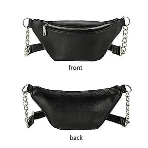 BigBigMe Fanny Pack for Women, Fashion Leather Waist Bag Belt Bag with Adjustable Strap Crossbody bag Chest Bag Phone Purse with Metalic Chain, Gifts for Women, Black