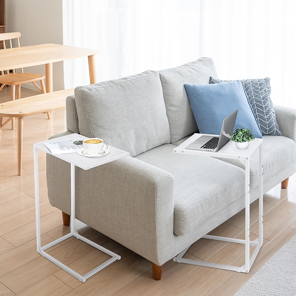 Set of 2 C Shaped End Table, Couch Tables That Slide Under, C Shaped Sofa Table for Couch, C Tray Snack Side Table for Living Room, Bedroom,Sofa, White