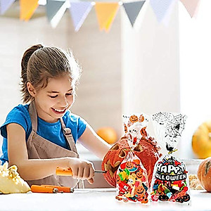WOVTE Halloween Cellophane Bags, 150 PCS Candy Treat Bags with 150 PCS Twist Ties for Bakery Biscuit Chocolate Snacks Halloween Party Favors Homemade Craft (3 Styles)