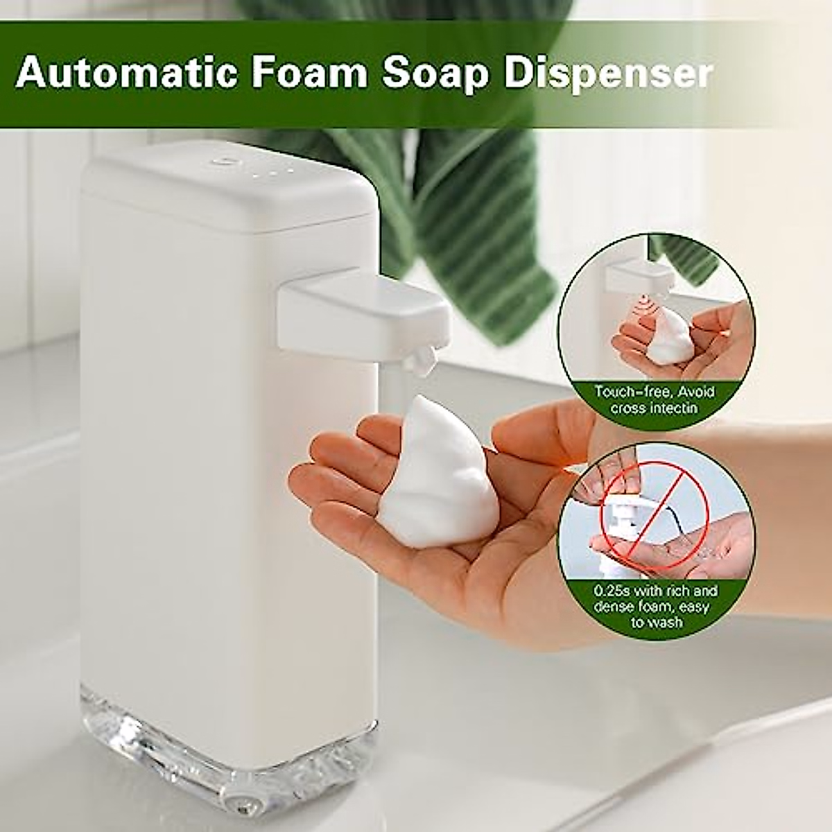 QANYI Automatic Foaming Soap Dispenser, USB Rechargeable Auto Sensor 3 Gear Foam Adjustable, 13.5oz/400ML PETG+ABS Wall Mount Soap Dispenser, Touchless Hand & Dish Soap Pump for Bathroom, Kitchen