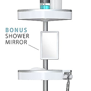 Better Living Making Life A Little Easier HiRISE 4 Corner Standing Shower Caddy 9 Foot Tension Pole Rust Proof Aluminum Shower Organizer with Adjustable Baskets and Bonus Fog Resistant Mirror, White