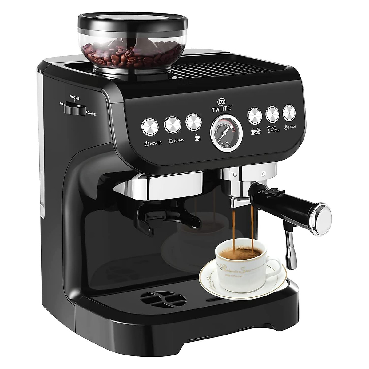TWLITE 𝐄𝐬𝐩𝐫𝐞𝐬𝐬𝐨 𝐌𝐚𝐜𝐡𝐢𝐧𝐞 𝐰𝐢𝐭𝐡 𝐆𝐫𝐢𝐧𝐝𝐞𝐫, Professional Espresso Maker with Milk Frother Steam Wand, 15 Bar Barista Cappuccino Machine