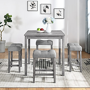 GLANZEND 5 Piece Square, Industrial Breakfast Table + 4 Upholstered Stools, Bistro Dining Set, for Living, Small Apartment, Farmhouse, Game Room, Gray