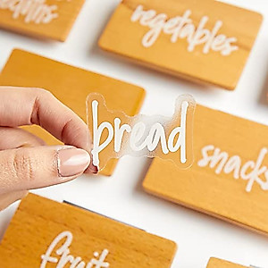 Set of 8 Wooden Clip On Pantry Label Holders for Storage Bins + 70 Preprinted White on Clear Script Stickers for Kitchen Organization, Baskets, Containers