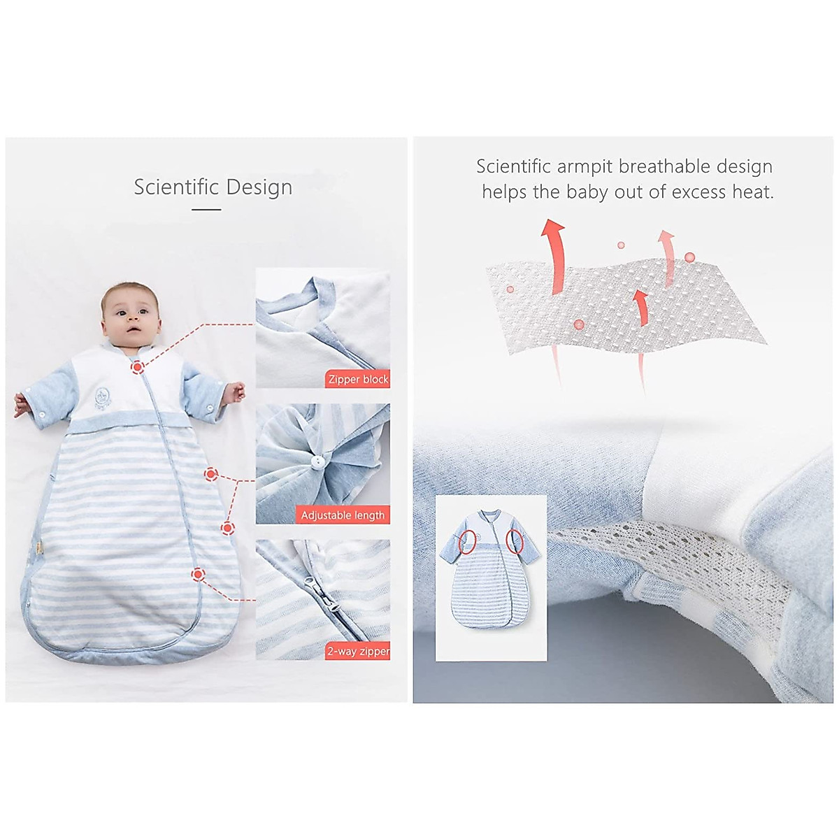 CYUURO Baby Sleeping Bag Sleeves Detachable Kids Wearable Blanket Toddlers Thick Cold Weather，Blue 60-68℉