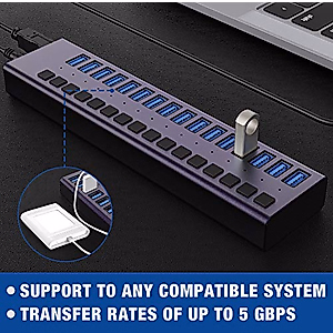 USB 3.0 Hub -16 Ports Powered USB Hub 90W USB Charging Hub with Individual On/Off Switches and 12V/7.5A Power Adapter and Lights for PC, Laptop, Computer, Mobile HDD, Flash Drive and More（Purple）