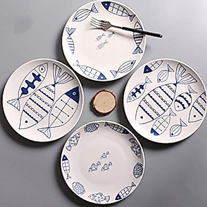 YARNOW 8-inch Ceramic Serving Plate Porcelain Round Platter Dessert Salad Tray Dinner Dish Bowl for Tabletop Home Restaurant (Nine Fishes)