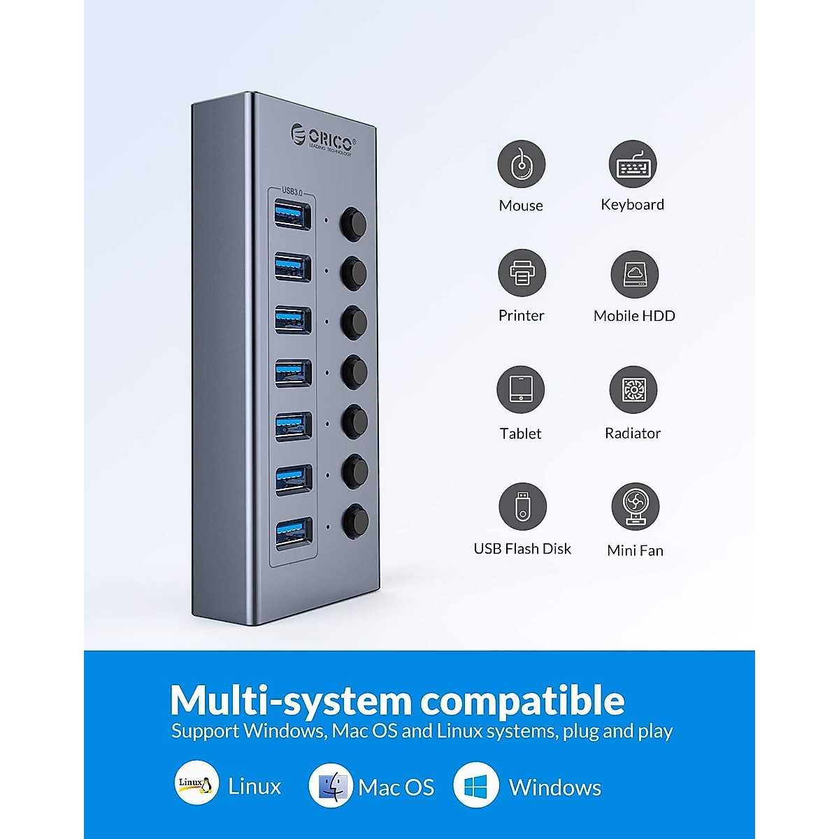 ORICO 13 Port BC1.2 USB 3.0 Hub + Quick Charge with Individual Switches 13 Port USB Data Hub self Power 12V/5A (60W) Black