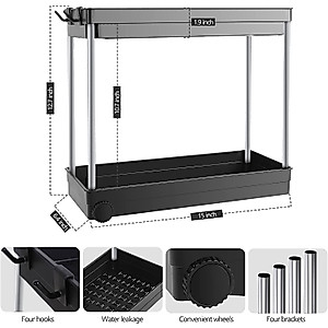 2- Tier Shelf Under Sink Organizer, Roll Out Under Sink Storage with 4 Hooks & 4 Anti-Slip Pads, Easy to Assemble, Suitable for Kitchen, Bathroom and Laundry (1 Pack, Silver)