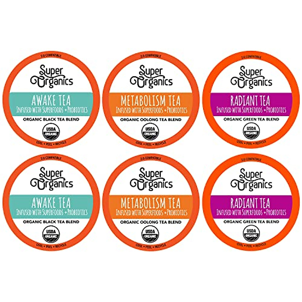 Super Organics Tea Variety Pack with Superfoods and Probiotics Keurig K-Cup Compatible Awake Tea, Metabolism Tea, Beauty Tea USDA Certified Organic, Vegan, Non-GMO, 60ct