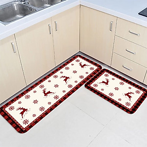 Reindeer Christmas Kitchen Mats Sets 2 Piece, Xmas Deer Red Black Buffalo Check Plaid Kitchen Rugs and Mats Non-Slip Washable Runner Carpets for Christmas Decorations, 15.7" x 23.6" + 15.7" x 47.6"